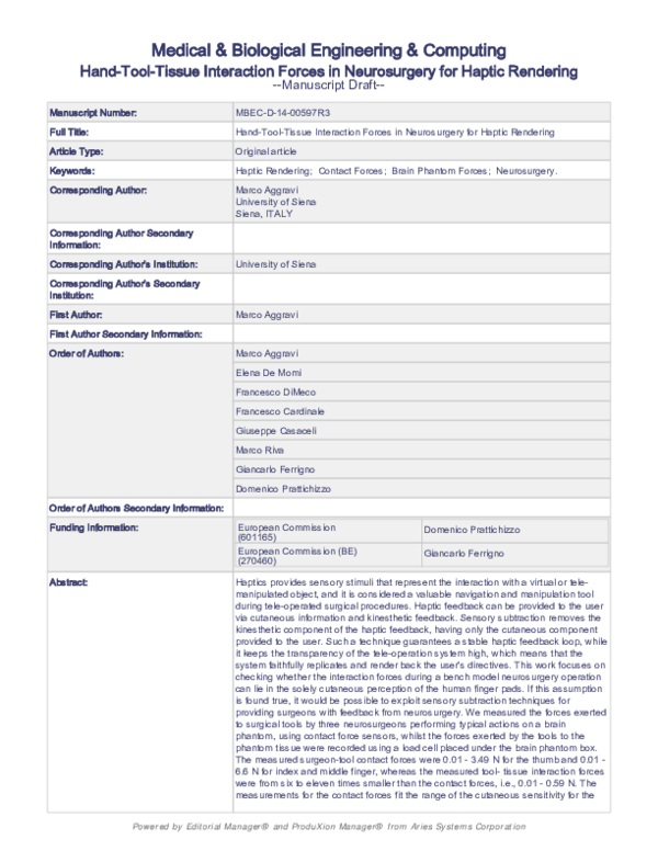 (PDF) Hand–tool–tissue interaction forces in neurosurgery for haptic rendering | Giancarlo ...