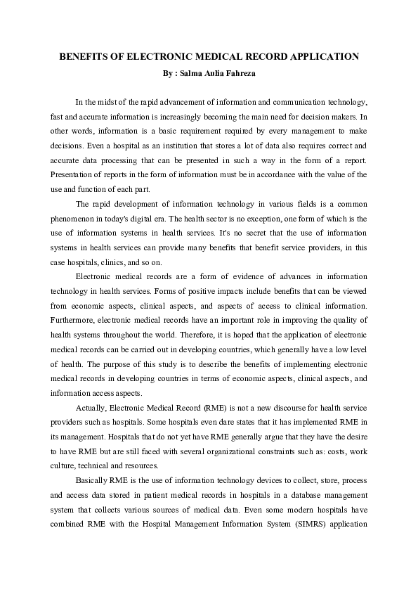 (DOC) BENEFITS OF ELECTRONIC MEDICAL RECORD APPLICATION