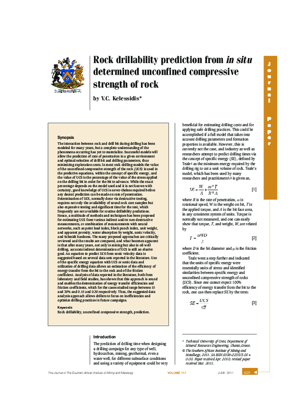 (PDF) Rock drillability prediction from in situ determined unconfined compressive strength of rock