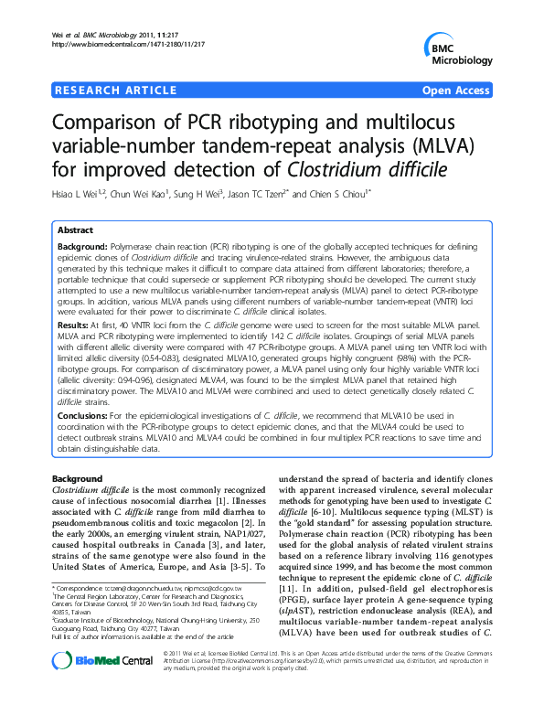 (PDF) Comparison of PCR ribotyping and multilocus variable-number tandem-repeat analysis (MLVA ...