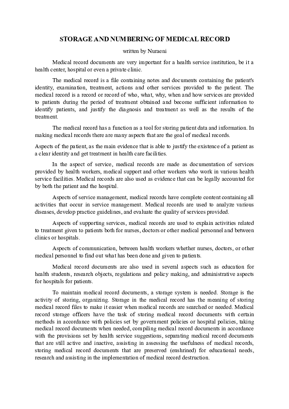 (DOC) STORAGE AND NUMBERING OF MEDICAL RECORD