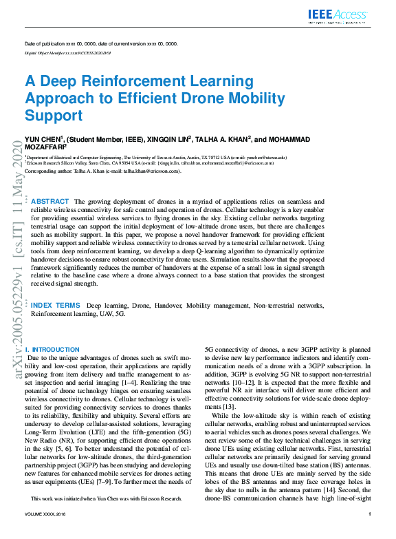 (PDF) A Deep Reinforcement Learning Approach to Efficient Drone Mobility Support