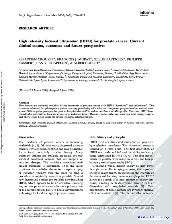 (PDF) High intensity focused ultrasound (HIFU) for prostate cancer ...