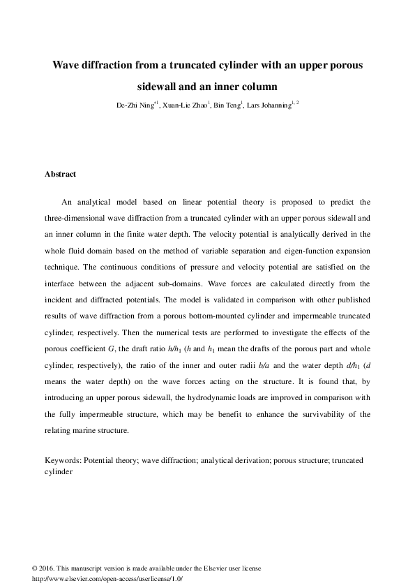 (PDF) Wave diffraction from a truncated cylinder with an upper porous sidewall and an inner column