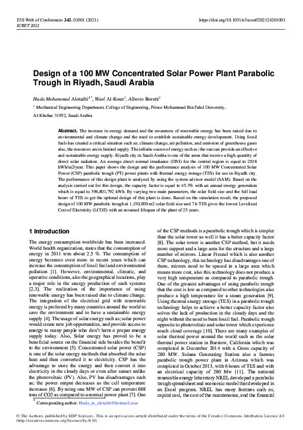 (PDF) Design of a 100 MW Concentrated Solar Power Plant Parabolic ...