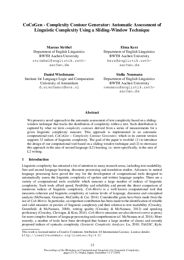 (PDF) CoCoGen - Complexity Contour Generator: Automatic Assessment of Linguistic Complexity ...