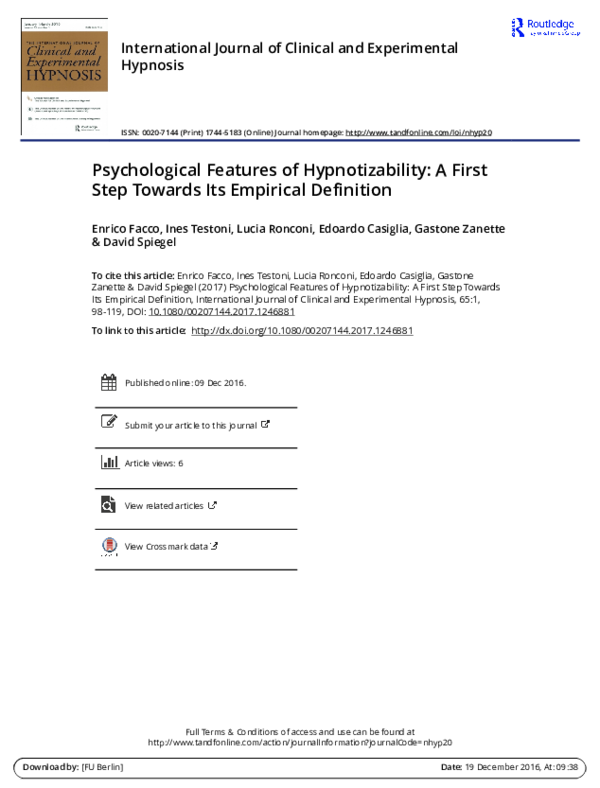 (PDF) Psychological Features of Hypnotizability: A First Step Towards Its Empirical Definition