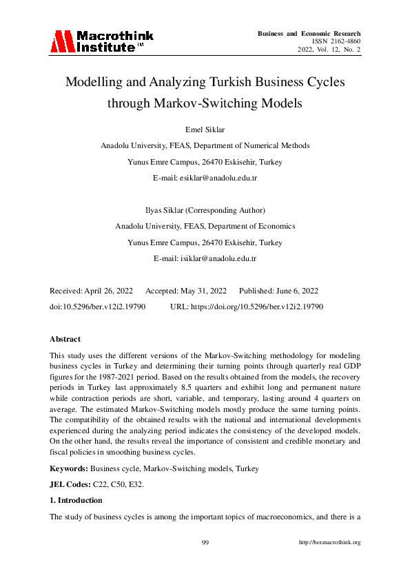 (PDF) Modelling and Analyzing Turkish Business Cycles through Markov-Switching Models