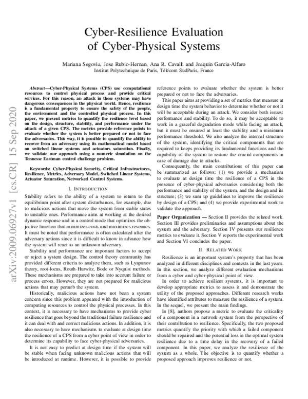 Pdf Cyber Resilience Evaluation Of Cyber Physical Systems