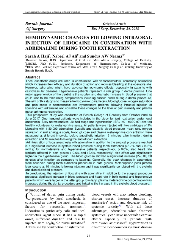 (PDF) Hemodynamic Changes Following Intraoral Injection of Lidocaine in ...