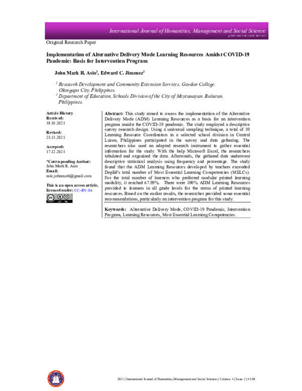 (PDF) Implementation of Alternative Delivery Mode Learning Resources ...