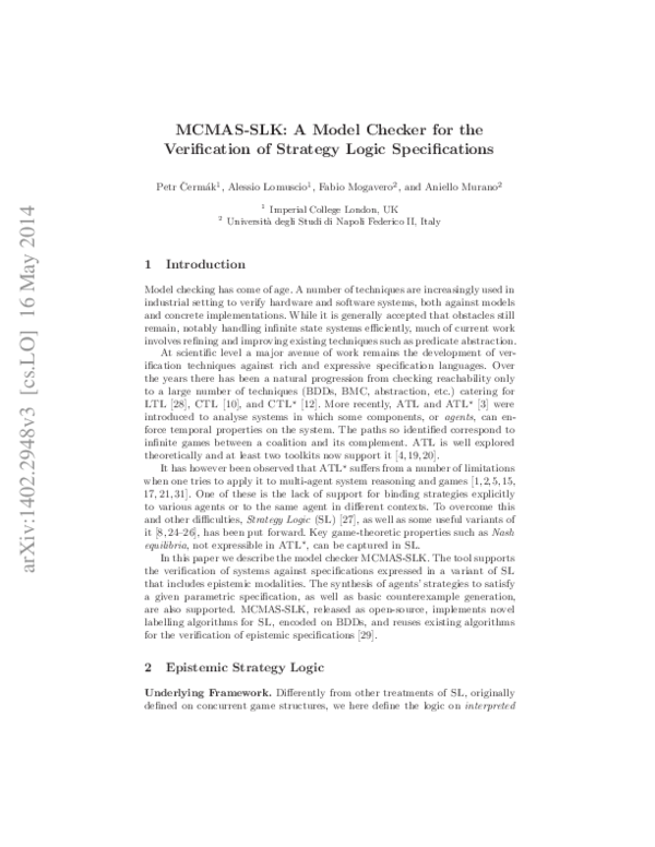 (PDF) MCMAS-SLK: A Model Checker for the Verification of Strategy Logic Specifications