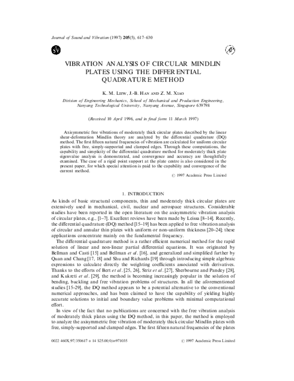 Pdf Vibration Analysis Of Circular Mindlin Plates Using The Differential Quadrature Method