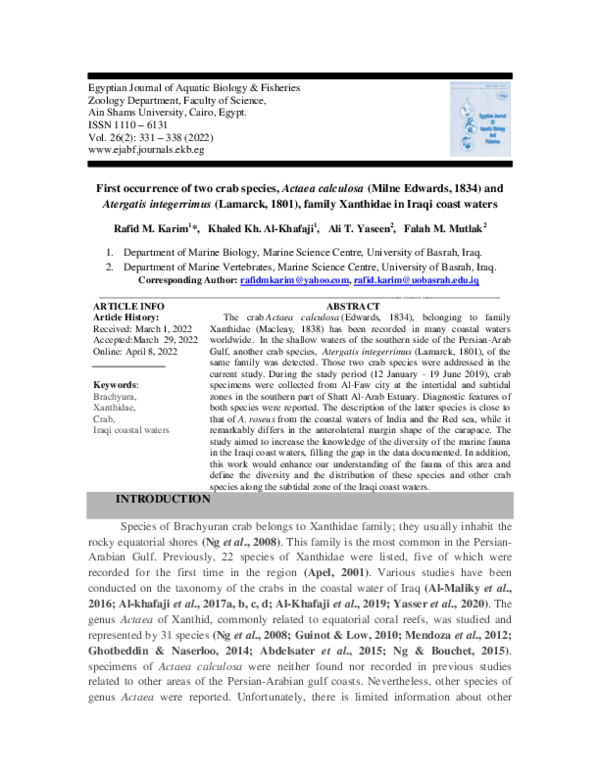 (PDF) First occurrence of two crab species, Actaea calculosa (Milne ...
