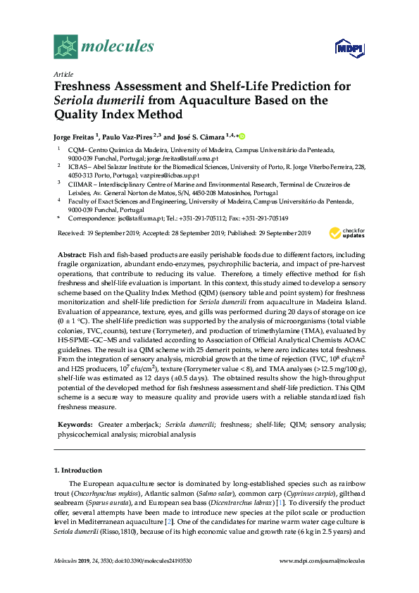 (PDF) Freshness Assessment and Shelf-Life Prediction for Seriola dumerili from Aquaculture Based ...