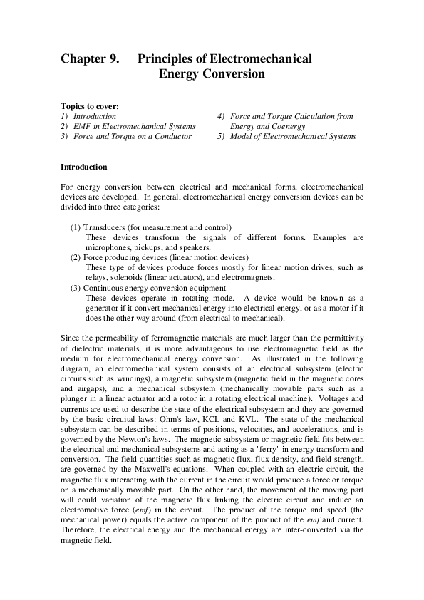 (PDF) Chapter 9. Principles of Electromechanical Energy Conversion Topics to cover: 1 ...