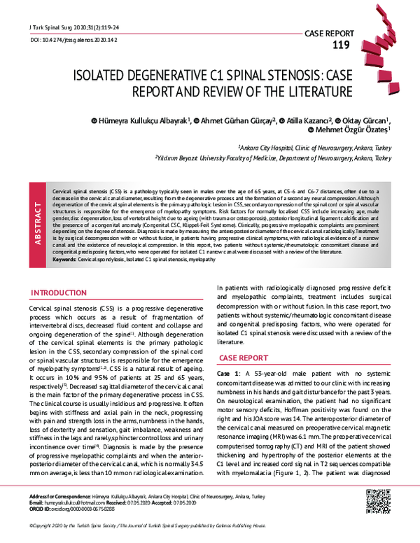 (PDF) Isolated Degenerative C1 Spinal Stenosis: Case Report and Review of the Literature
