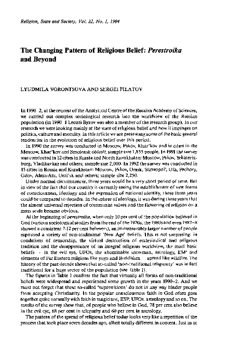 (PDF) The changing pattern of religious belief:Perestroikaand beyond