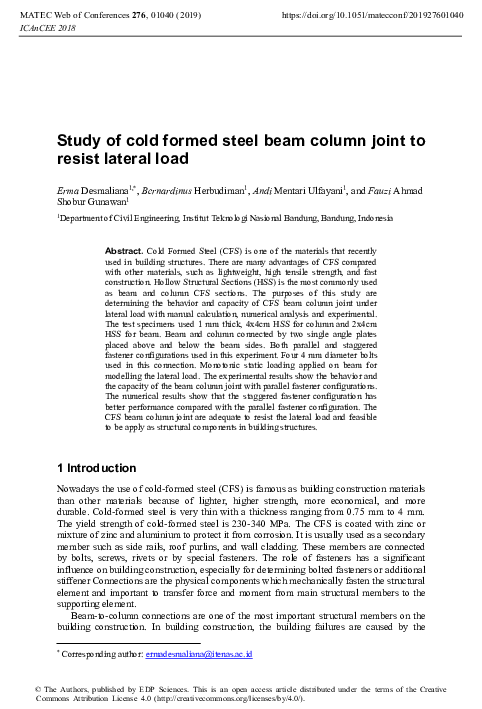 (PDF) Study of cold formed steel beam column joint to resist lateral load
