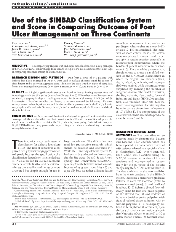 (PDF) Use of the SINBAD Classification System and Score in Comparing Outcome of Foot Ulcer ...