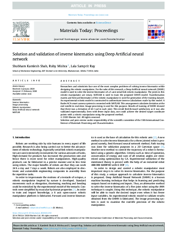 Pdf Solution And Validation Of Inverse Kinematics Using Deep