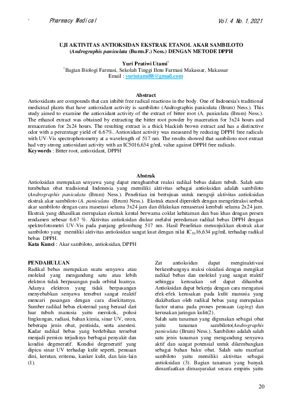 (PDF) UJI AKTIVITAS ANTIOKSIDAN EKSTRAK ETANOL AKAR SAMBILOTO ...