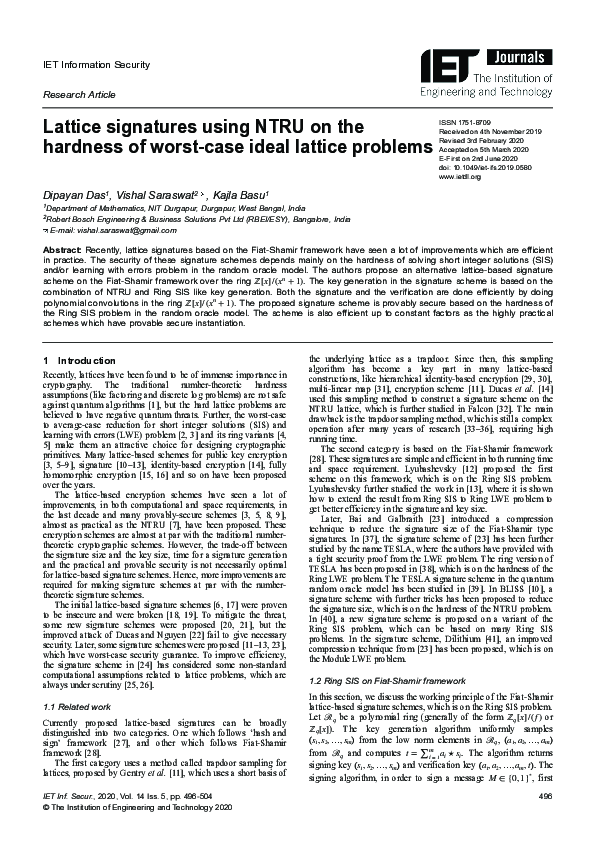 (PDF) Lattice signatures using NTRU on the hardness of worst-case ideal lattice problems
