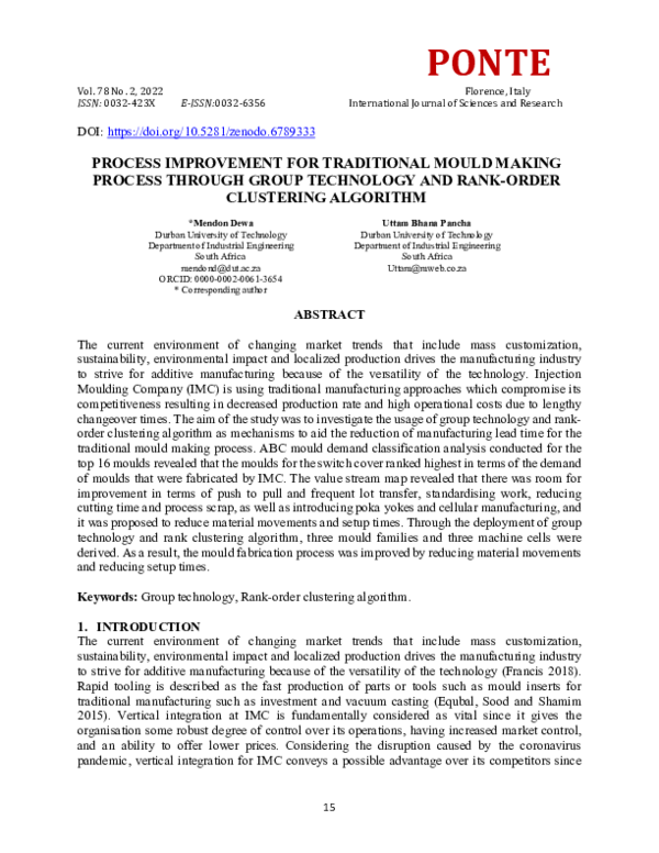 Pdf Process Improvement For Traditional Mould Making Process Through Group Technology And Rank 