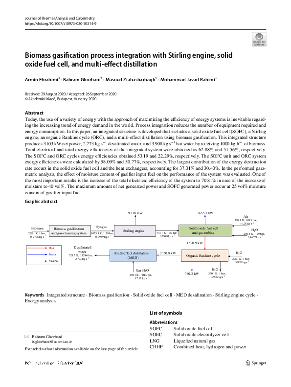 (PDF) Biomass gasification process integration with Stirling engine, solid oxide fuel cell, and ...