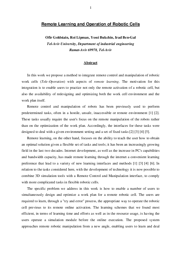 (PDF) Remote Learning and Operation of Robotic Cells
