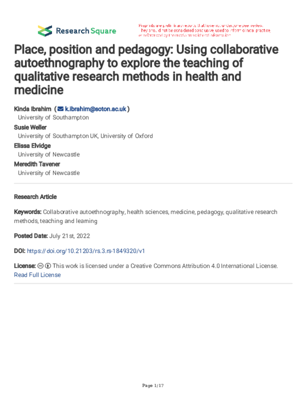 (PDF) Place, position and pedagogy: Using collaborative autoethnography ...