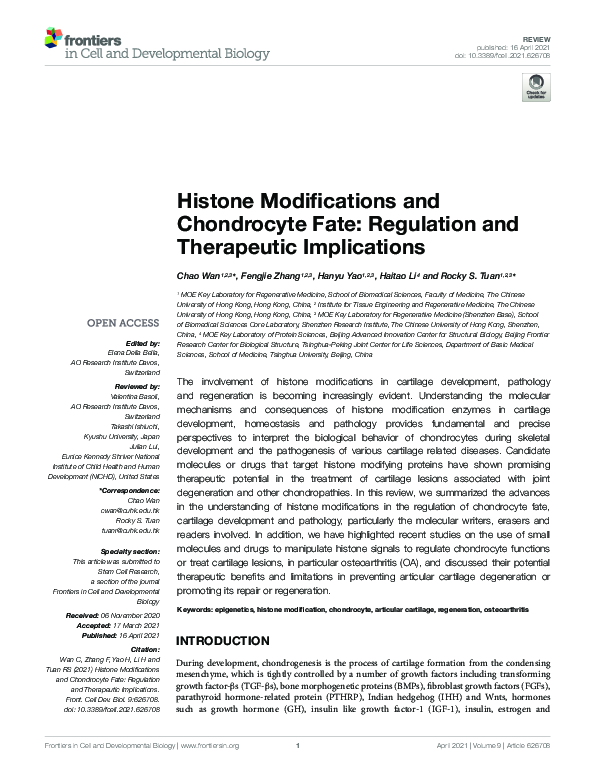 (PDF) Histone Modifications and Chondrocyte Fate: Regulation and Therapeutic Implications