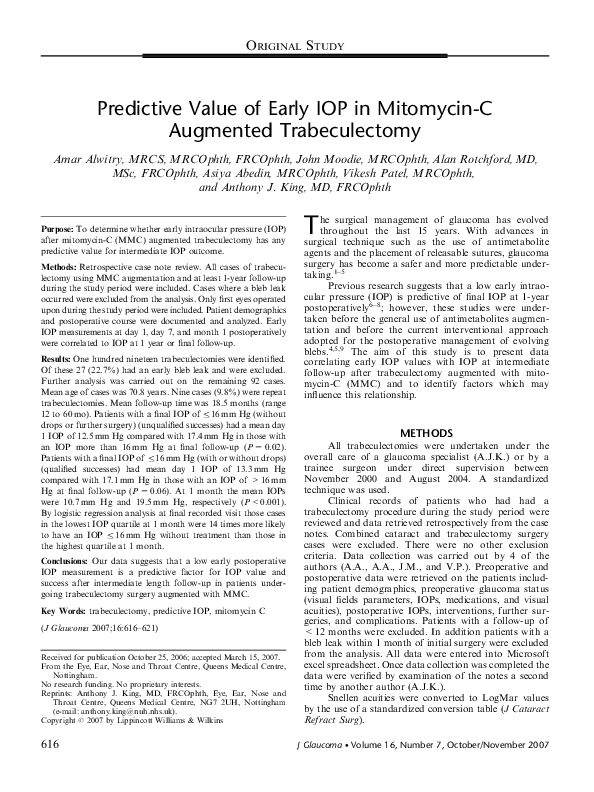 (PDF) Predictive Value of Early IOP in Mitomycin-C Augmented Trabeculectomy