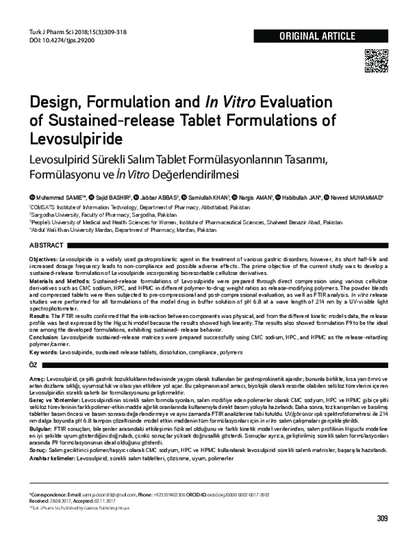 (PDF) Design, Formulation and In-Vitro Evaluation of Sustained Release Tablet Formulations of ...