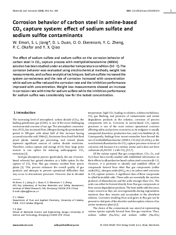 (PDF) Corrosion behavior of carbon steel in amine-based CO2 capture system: effect of sodium ...