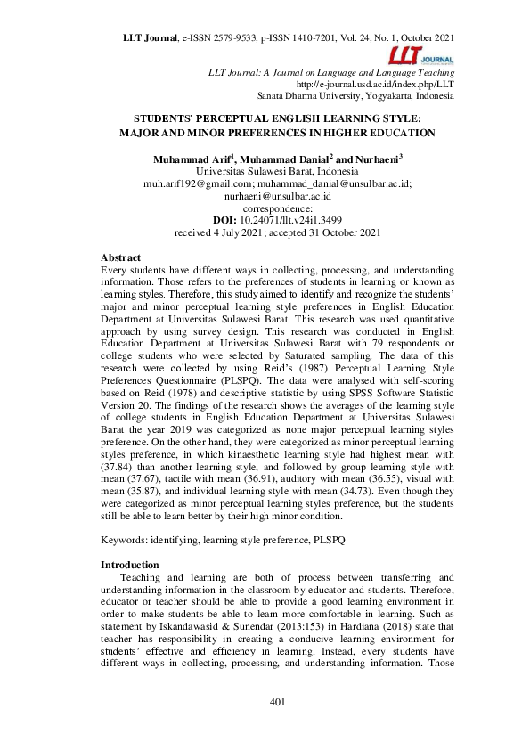 (PDF) Students’ Perceptual English Learning Style; Major and Minor Preferences in Higher Education
