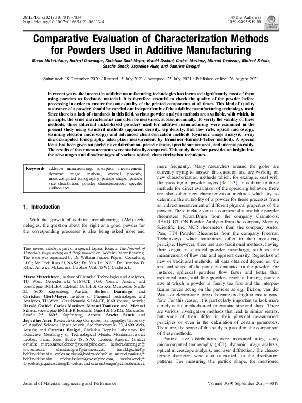 (PDF) Comparative Evaluation of Characterization Methods for Powders Used in Additive Manufacturing