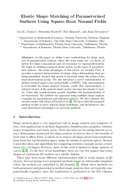 (PDF) Elastic Shape Matching of Parameterized Surfaces Using Square Root Normal Fields