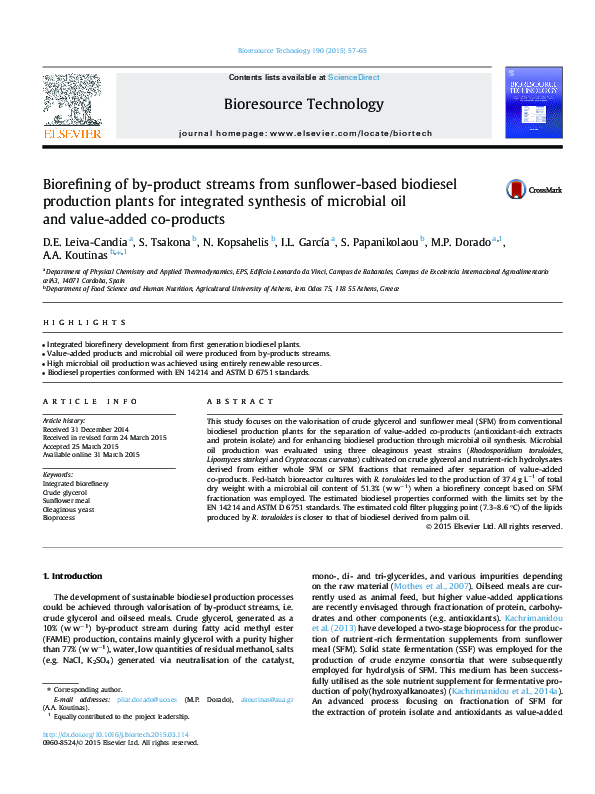 (PDF) Biorefining of by-product streams from sunflower-based biodiesel ...