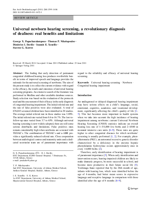 (PDF) Universal newborn hearing screening, a revolutionary diagnosis of ...