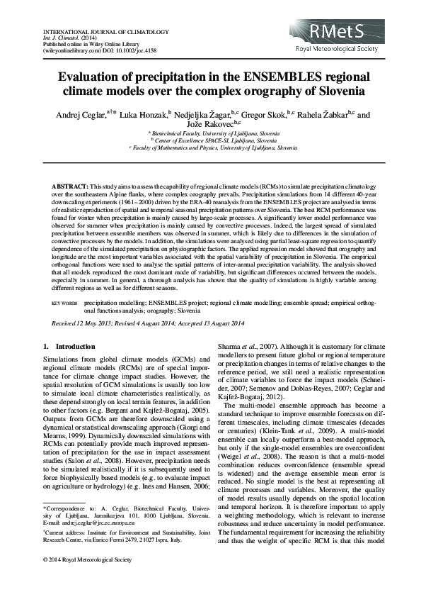 Pdf Evaluation Of Precipitation In The Ensembles Regional Climate Models Over The Complex
