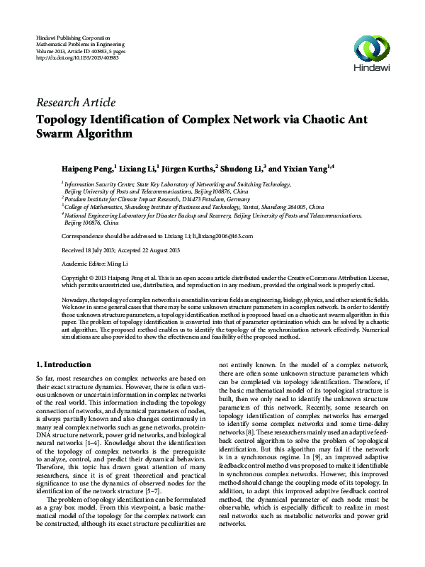(PDF) Topology Identification of Complex Network via Chaotic Ant Swarm Algorithm