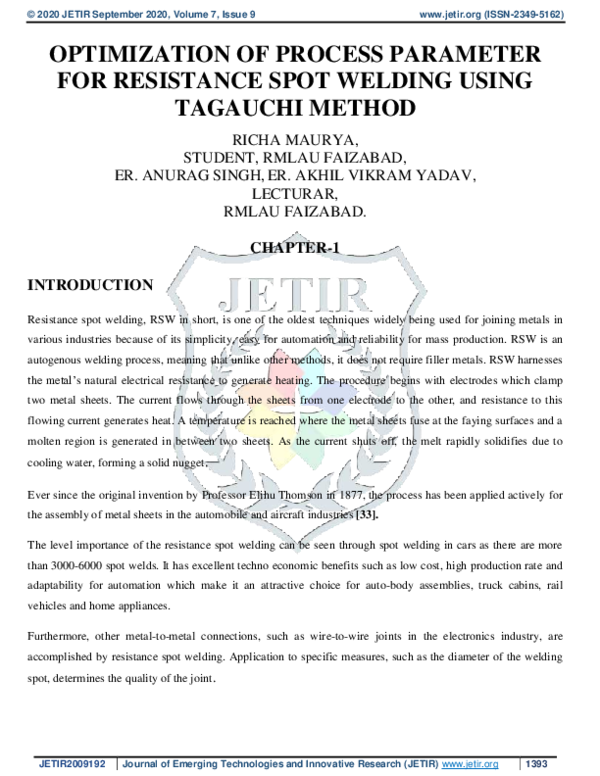 (PDF) Optimization of Process Parameter for Resistance Spot Welding Using Tagauchi Method