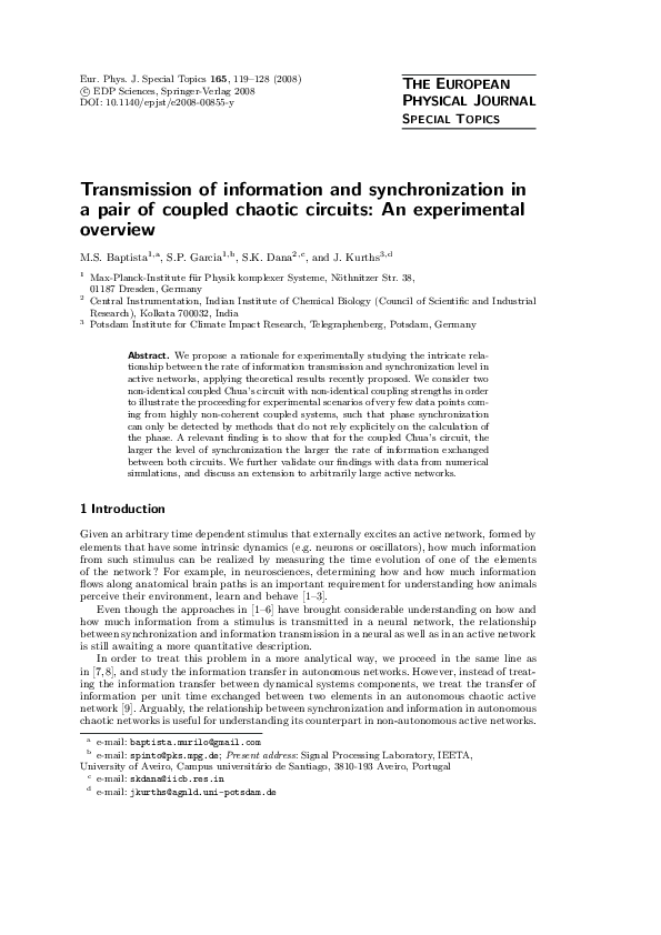 (PDF) Transmission of information and synchronization in a pair of coupled chaotic circuits: An ...