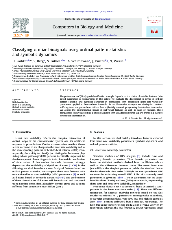 Pdf Classifying Cardiac Biosignals Using Ordinal Pattern Statistics And Symbolic Dynamics