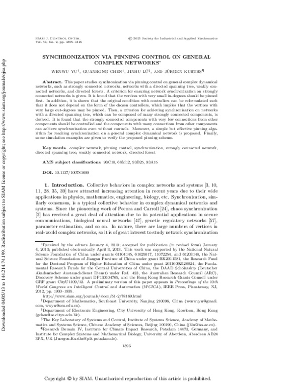 (PDF) Synchronization via Pinning Control on General Complex Networks