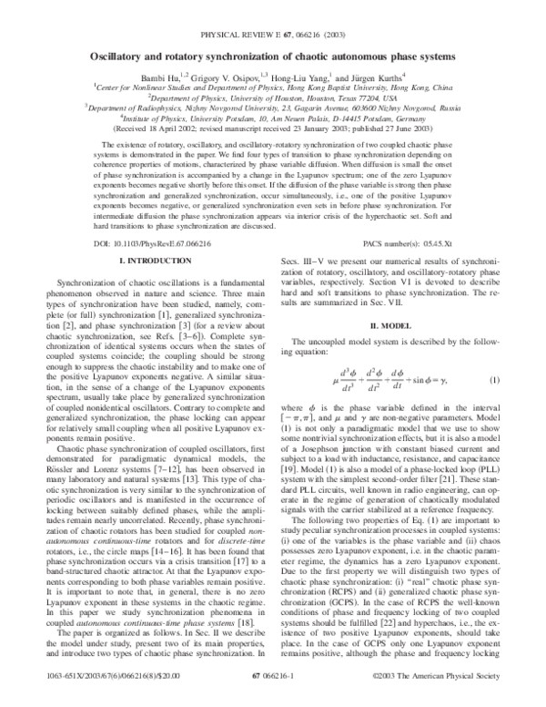 (PDF) Oscillatory and rotatory synchronization of chaotic autonomous phase systems