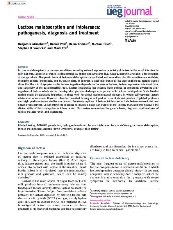 (PDF) Lactose malabsorption and intolerance: pathogenesis, diagnosis ...