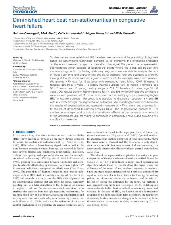 (PDF) Diminished heart beat non-stationarities in congestive heart failure