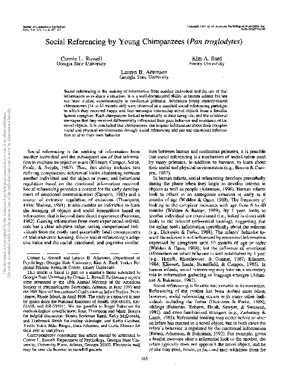 (PDF) Social referencing by young chimpanzees (Pan troglodytes)